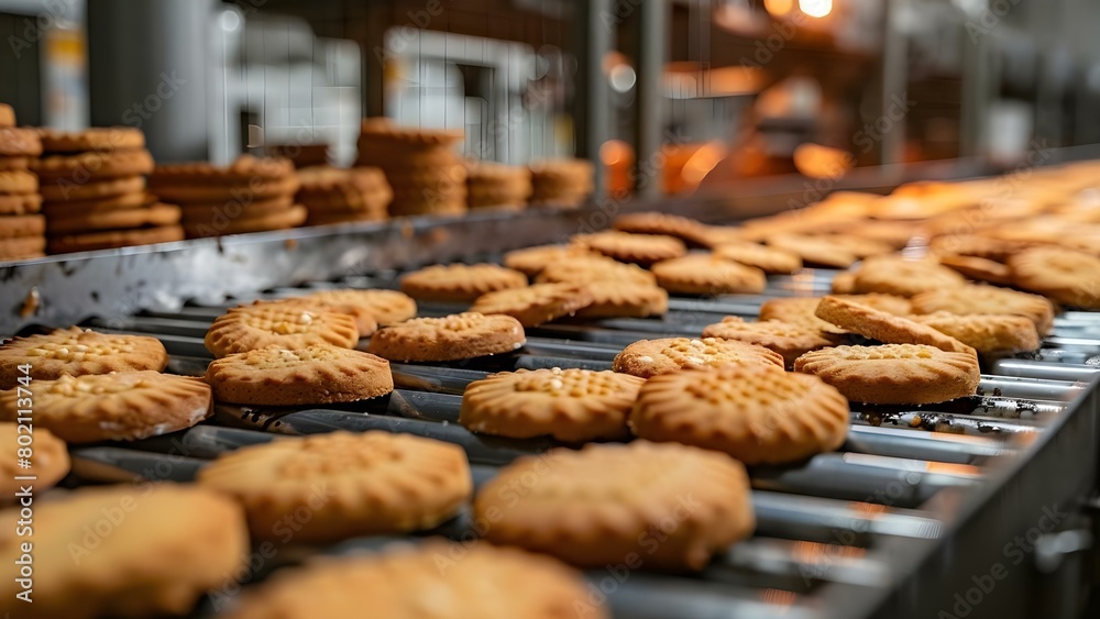 Cookies on conveyor belt in bakery production line at food factory ...