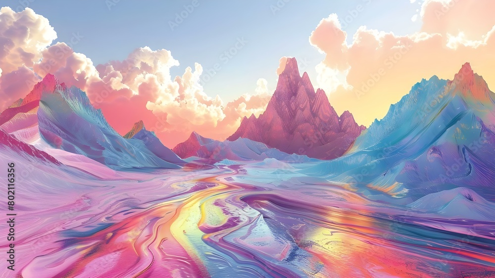 Psychedelic landscape: melting mountains and flowing rivers symbolize ...