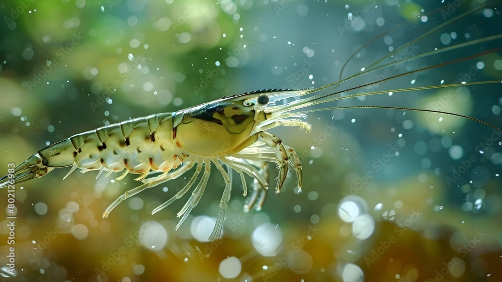 Closeup of juvenile Pacific white shrimp being caught in aquaculture ...