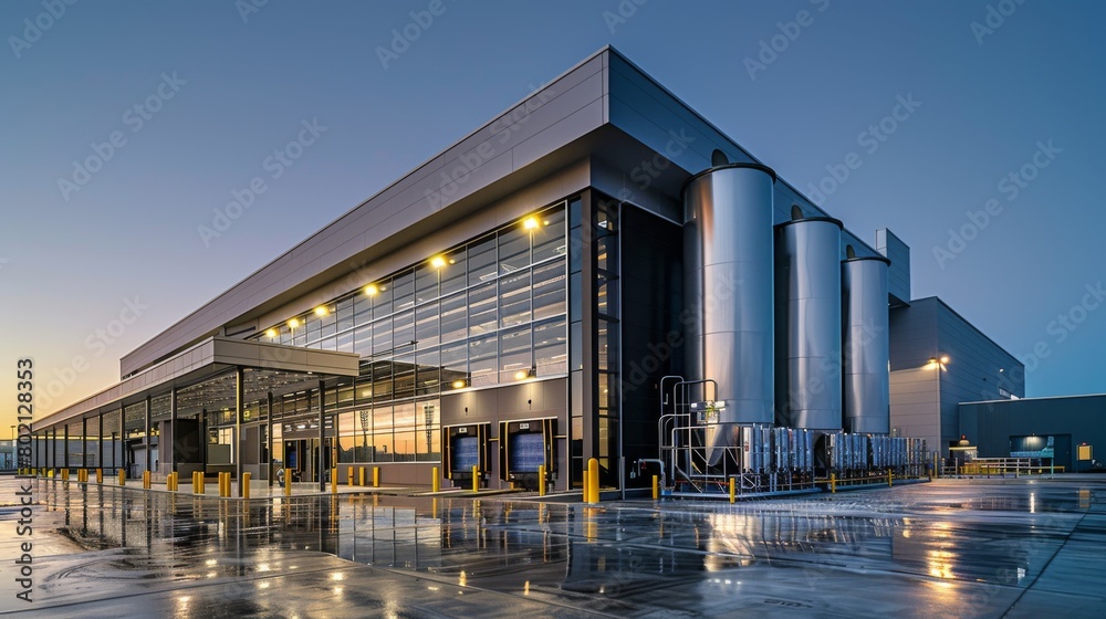 the exterior of a modern meat processing plant, symbolizing efficiency ...