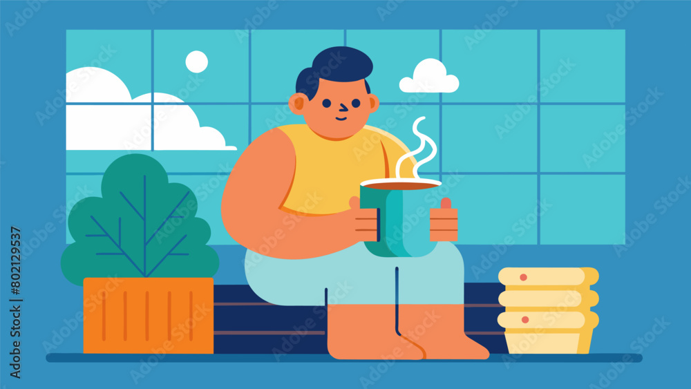 A humorous cartoon image of someone lounging in the sauna with a cup of ...