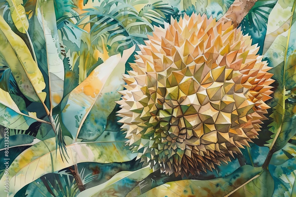 A durian watercolor painting. The durian is a tropical fruit that is ...