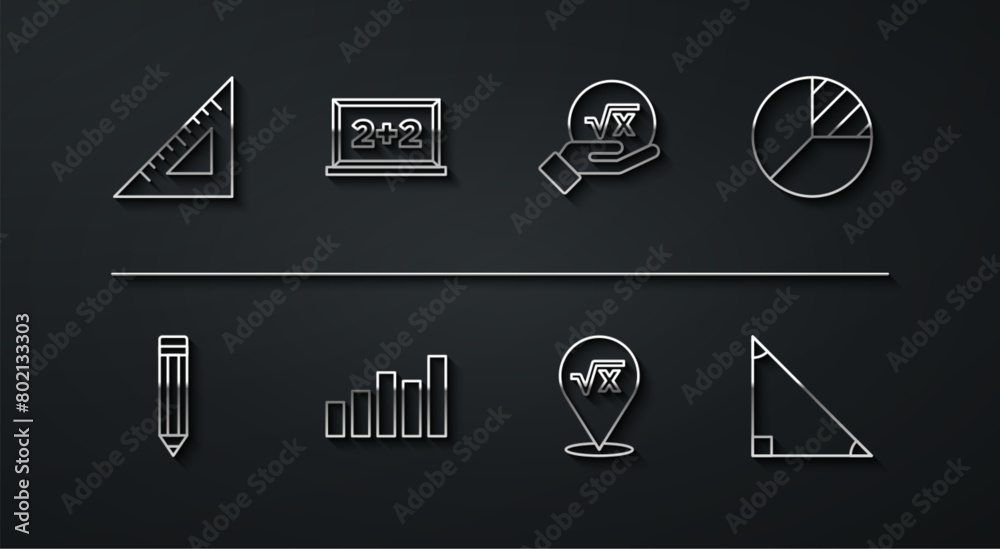 Set line Triangular ruler, Pencil, Pie chart infographic, Square root of x glyph, Graph ...
