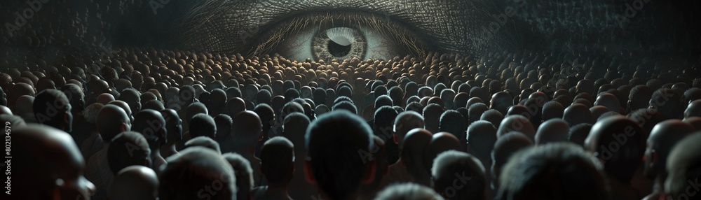 3D faceless crowd under a giant oppressive eye. Stock Illustration ...
