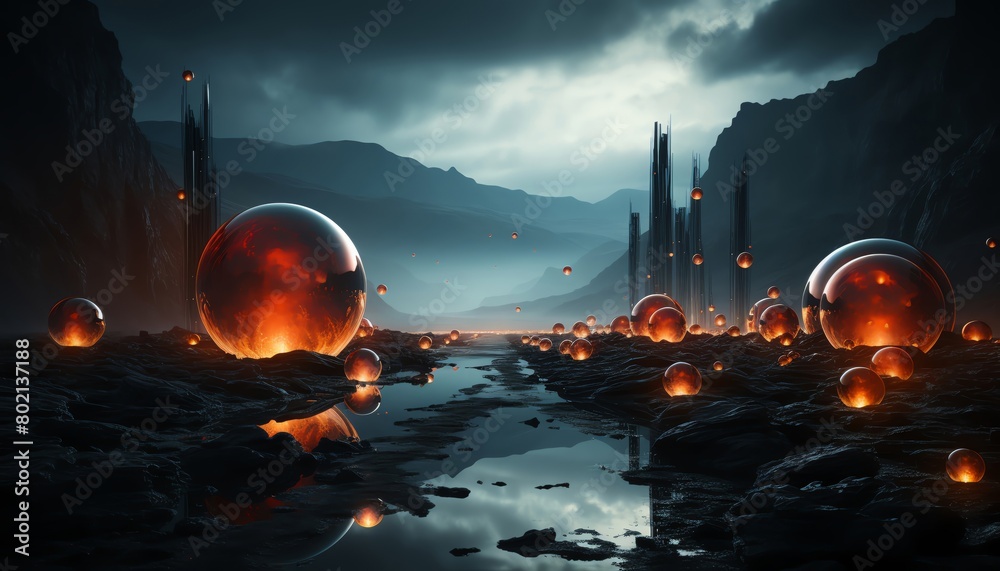 Surreal graphic design stock photo featuring floating glowing orbs over ...