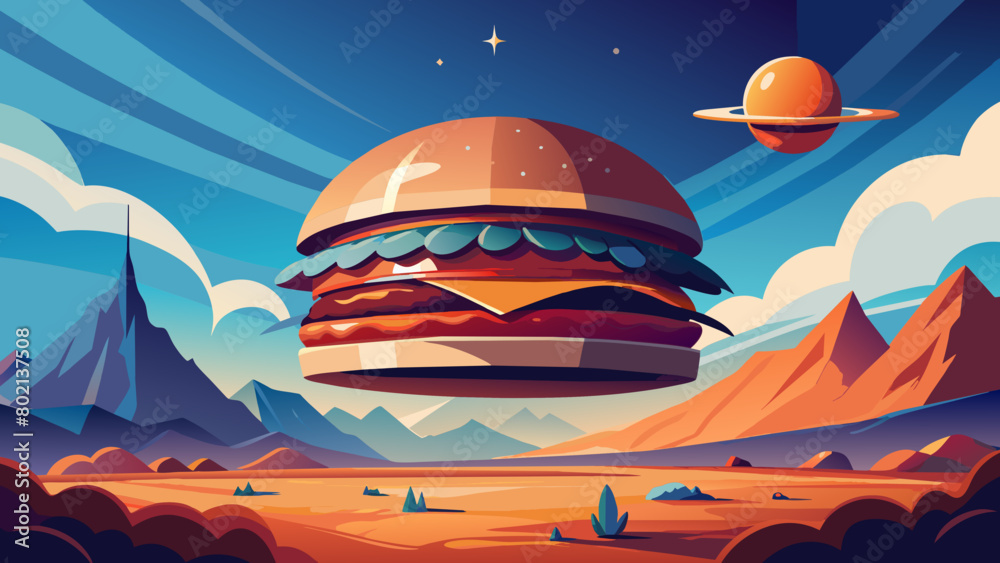 illustration of a delicious burger with flying ingredients on the moon ...