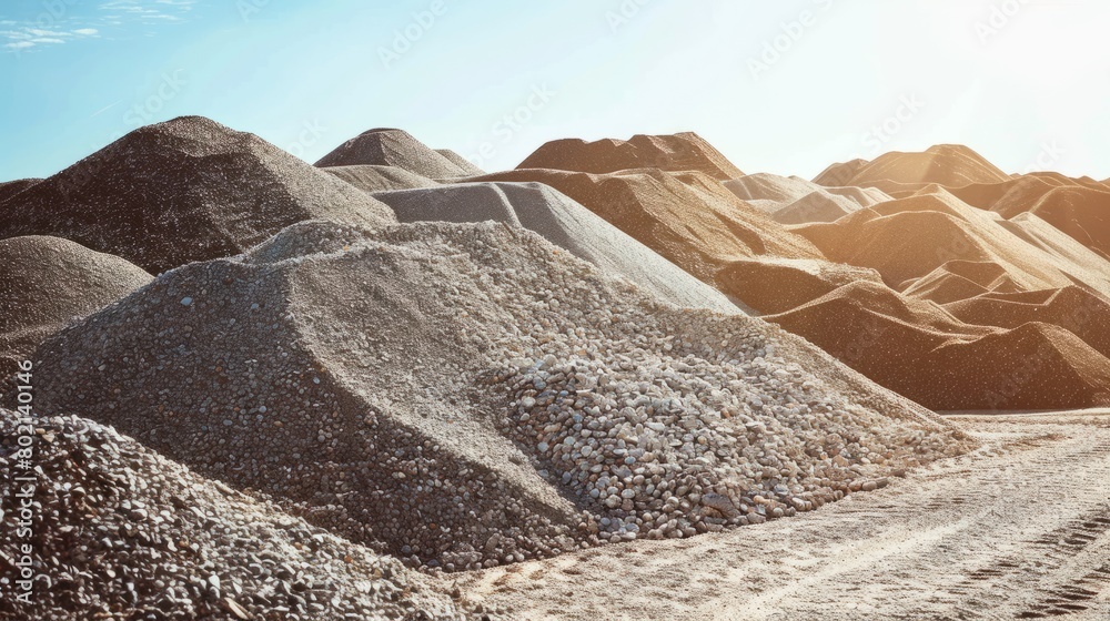 Large piles of various construction aggregates under a clear sky ...