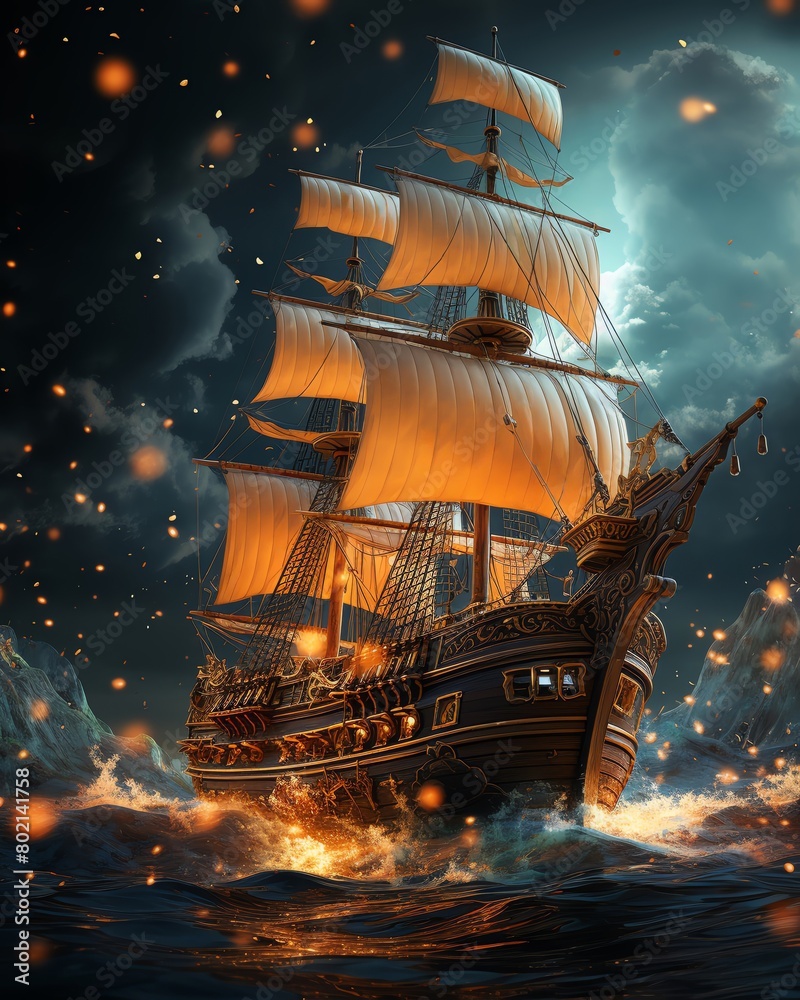 Whimsical stock photo of a pirate ship sailing through the stars ...