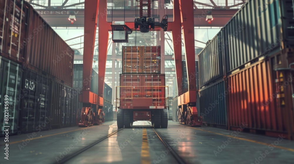 Big red steel shipping container in shipyard station The driver ...