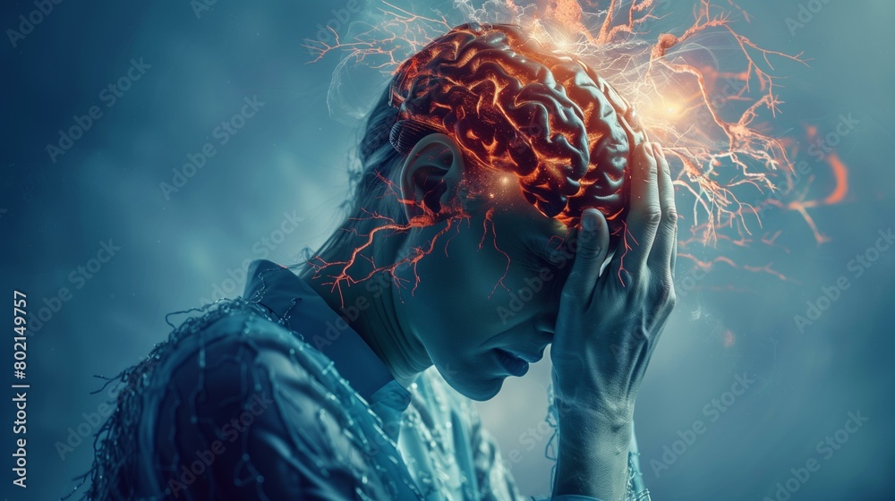 Tension headache pain, man with brain in his hand, concept dark healthy ...