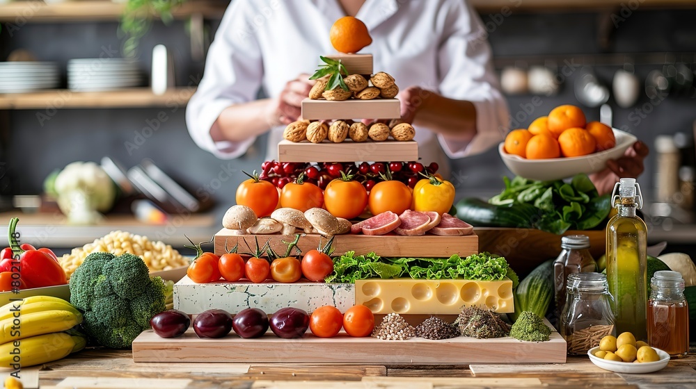 Dietitian pointing to food pyramid chart, balanced diet guide, close up ...