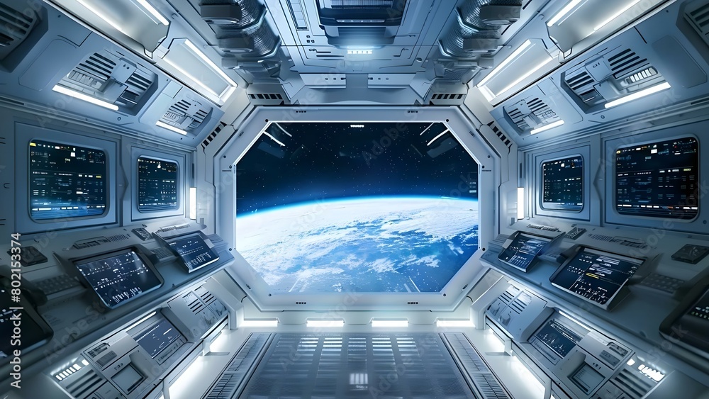 ภาพประกอบสต็อก Futuristic Space Station Interior: High-Tech Control ...