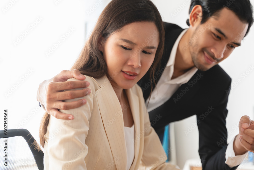 Disgusted asian young employee, pressure business woman uncomfortable ...