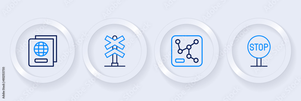Set line Stop sign, Railway map, Railroad crossing and Passport icon ...