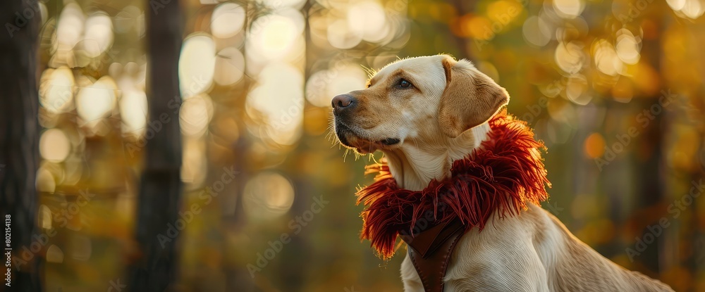 Beige Labrador retriever with fake red lions mane and open chaps ...
