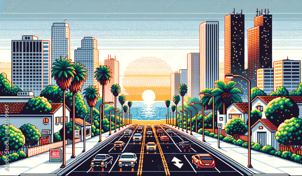 beautiful road side view sunset in the beach retro pixel art ...