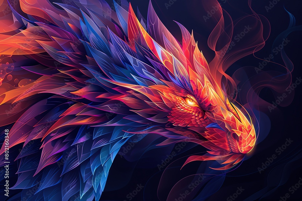 Abstract dragon design in a flat illustration style, composed of sharp ...