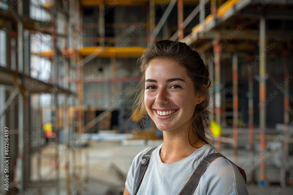 Irish female construction worker, with a background of a modern ...