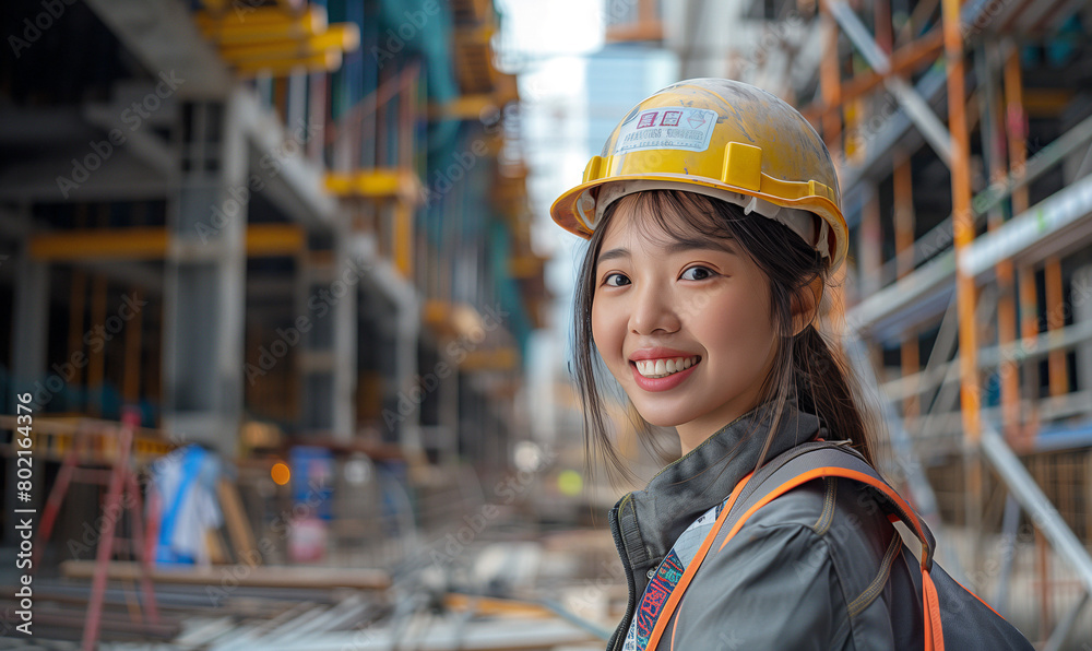 Chinese female construction worker, with a background of a modern ...