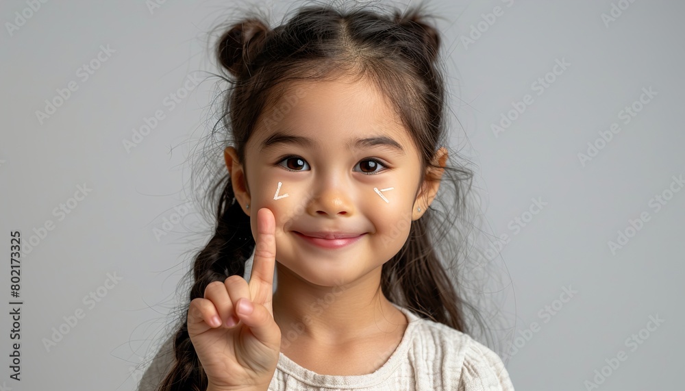 Smiling Asian little girl showing finger I love you symbol sign ...