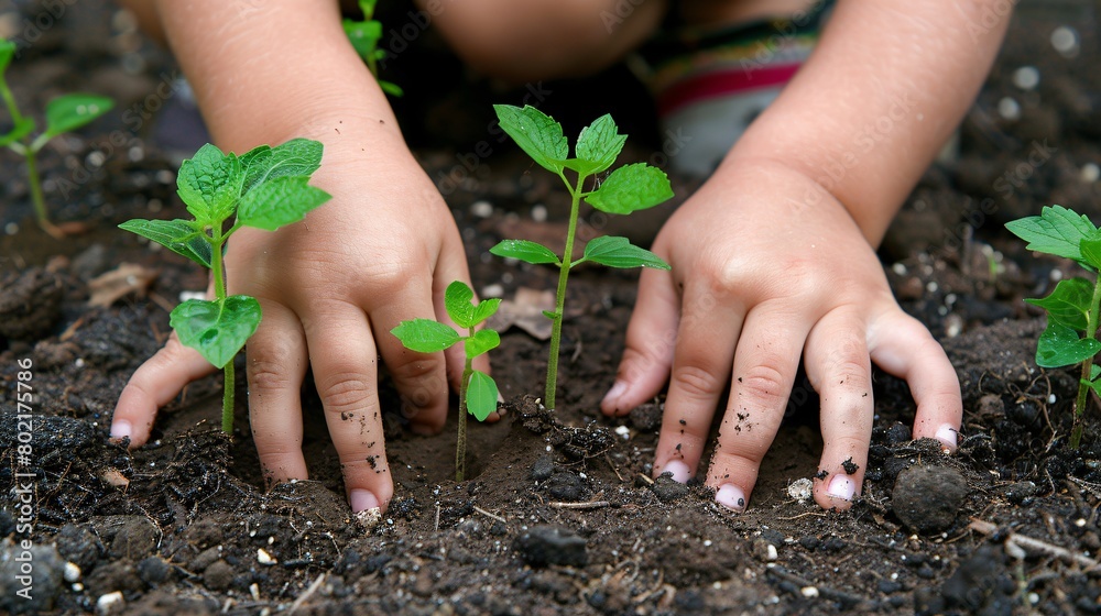 Seedlings of Tomorrow. A child's hands tenderly plant a young sapling ...