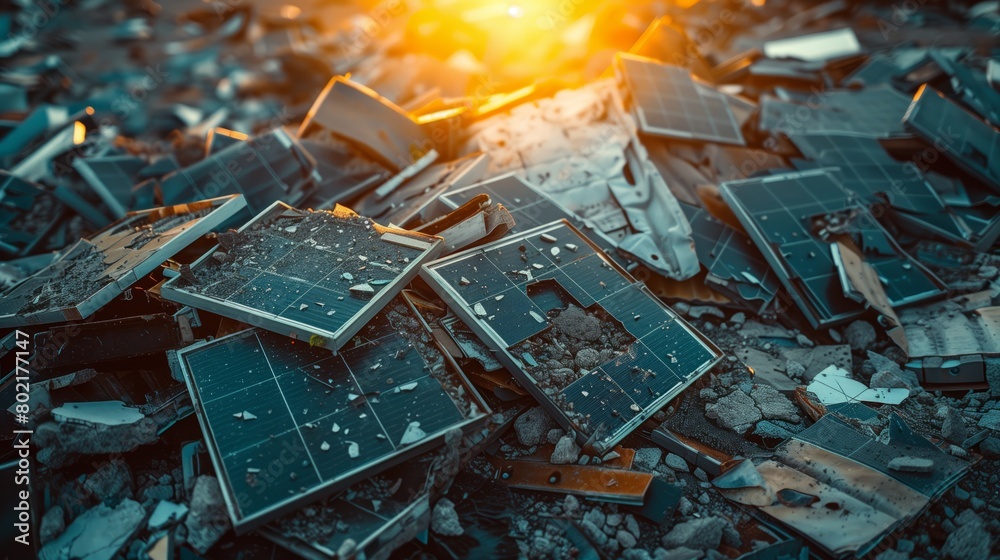 A dump of broken solar panels. Top view of destroyed by solar panels ...