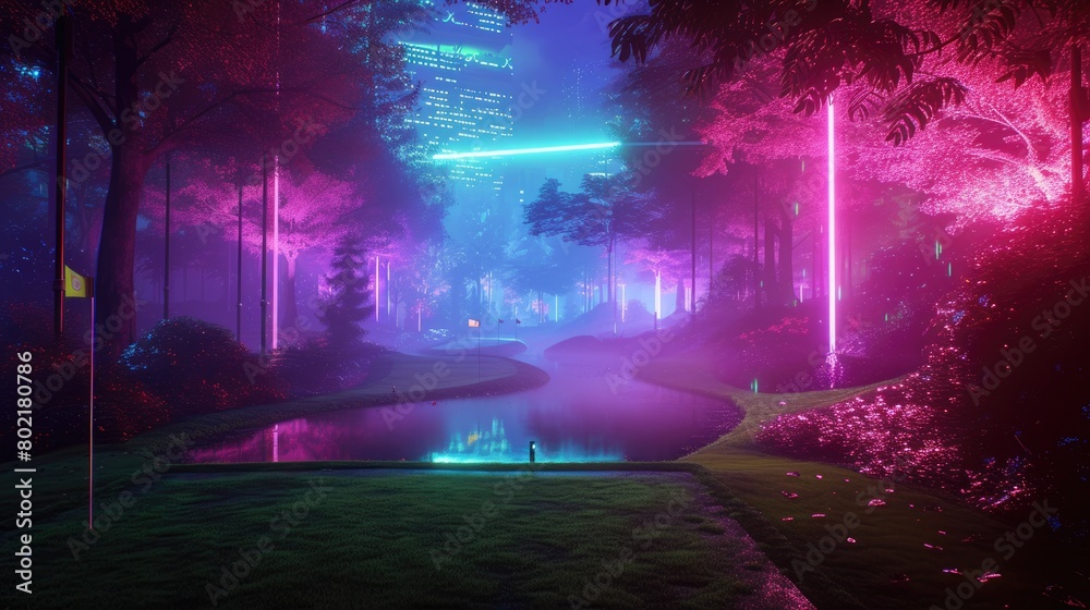 Golf course landscape in video game with neon color in grass lawn at ...