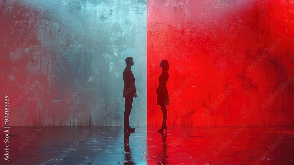 Minimalist background, two people standing opposite each other facing the camera, with ...