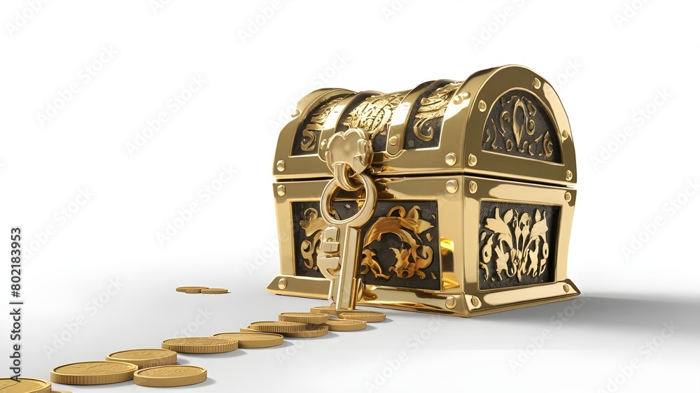 3d golden treasure chest, isolated white background, 3d image Stock ...