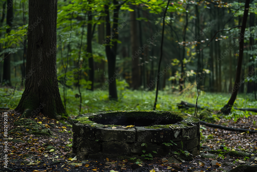An old well in a forest clearing echoes with the sound of dripping ...