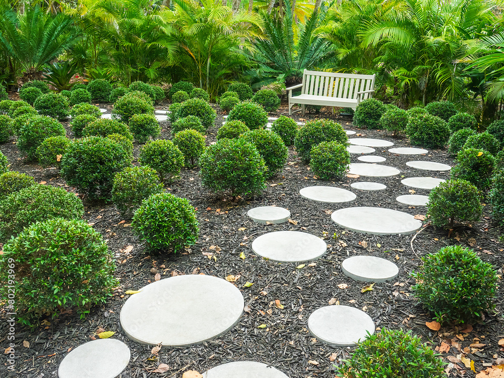 Decorative bright round steppingstones along a footpath by spherical ...