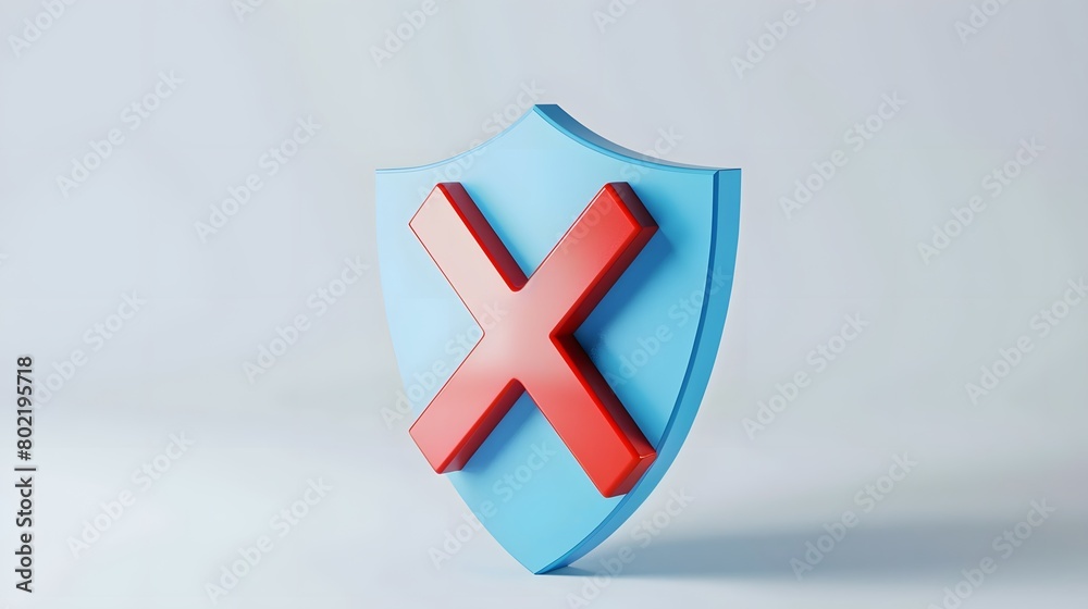 cartoon 3d Icon safety shield x mark perspective . Blue symbol security ...