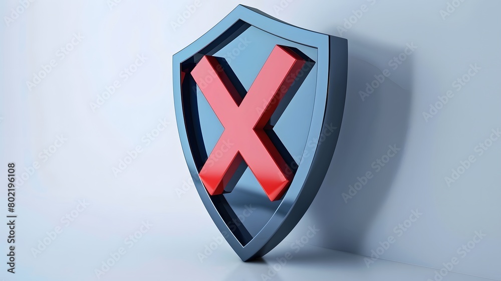 cartoon 3d Icon safety shield x mark perspective . Blue symbol security ...