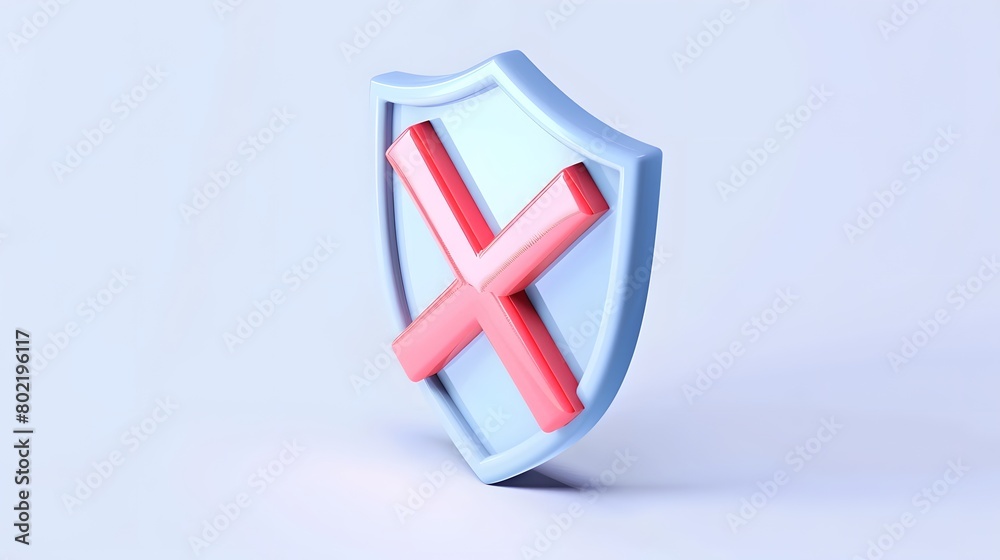 cartoon 3d Icon safety shield x mark perspective . Blue symbol security ...