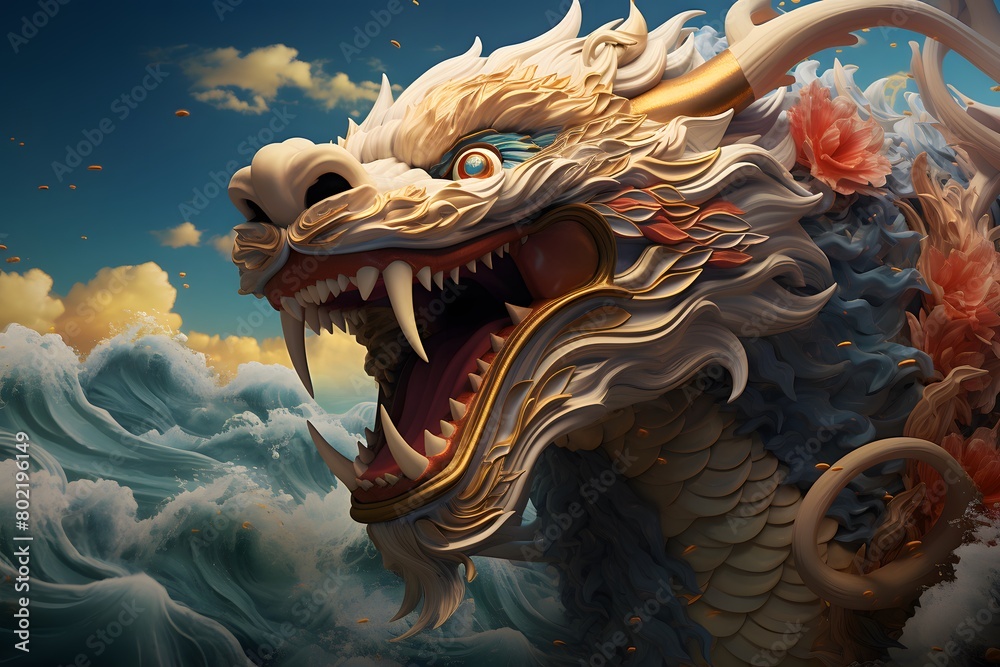 A colorful Chinese brush painting of a highly detailed colorful Chinese ...