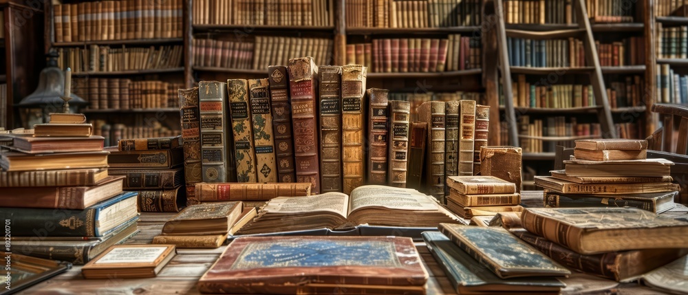 An antique book fair uses an old oak library table as a stage to ...