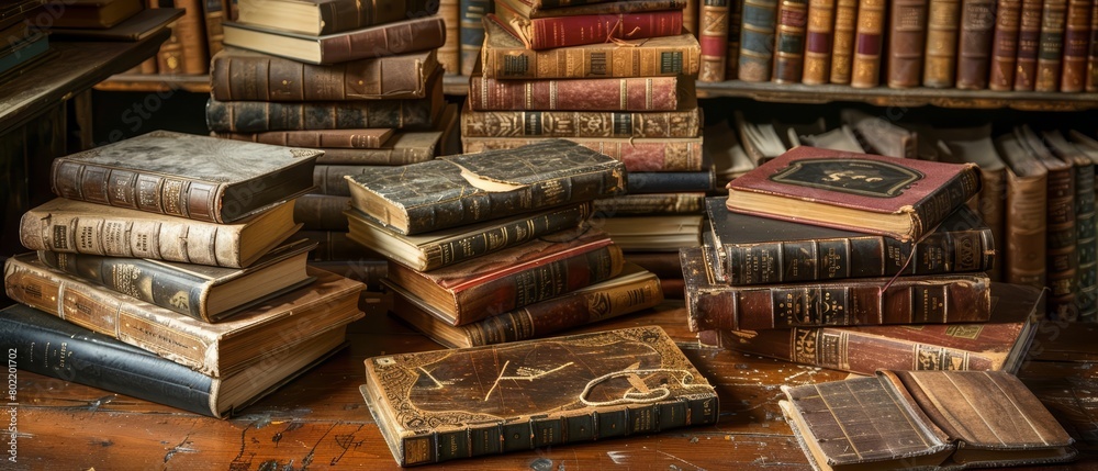 An antique book fair uses an old oak library table as a stage to ...