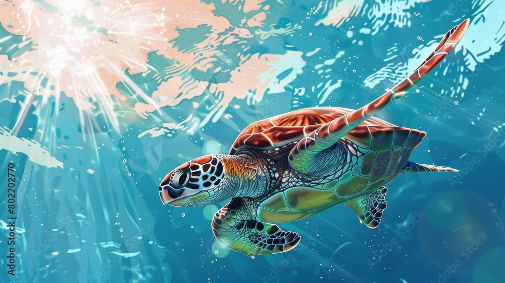A vibrant illustration of a sea turtle swimming in crystal clear waters ...