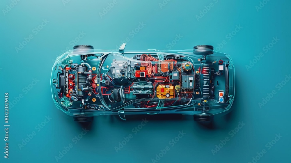 The image shows a car without wheels and a blue background. The car is ...