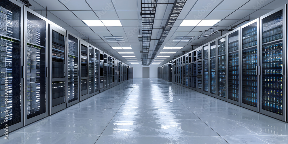 3d render of a modern database server room with storage systems, server ...
