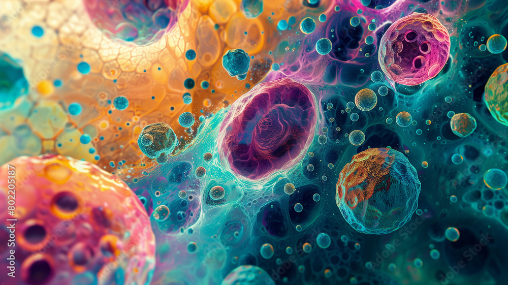 A colorful digital painting of cells dividing and multiplying ...