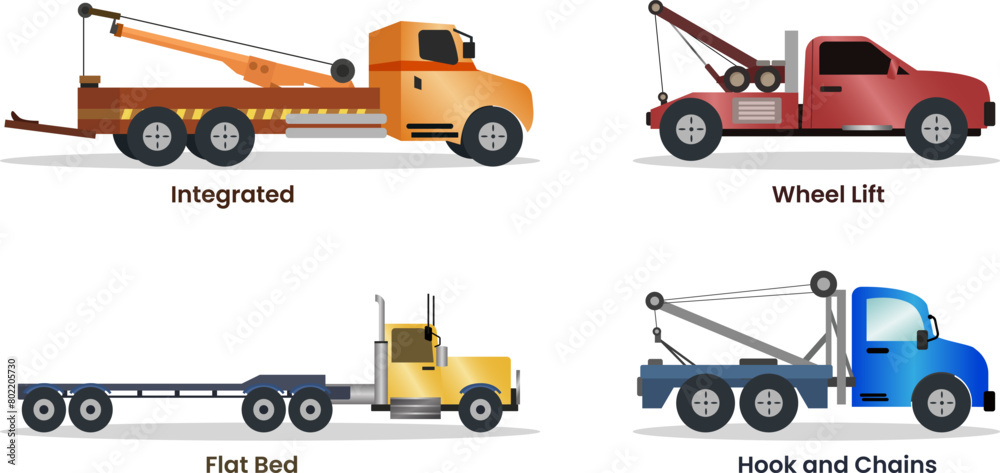 Four different types of tow truck vector illustration, tow truck set ...