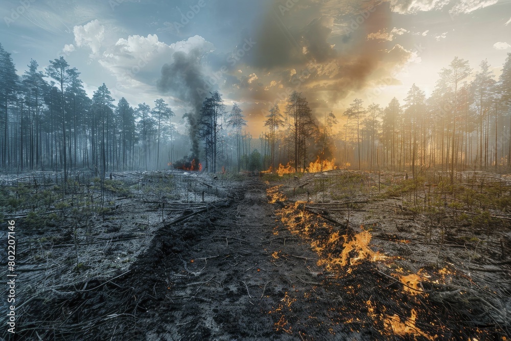 Comparison between vibrant forest and charred wasteland in split screen ...