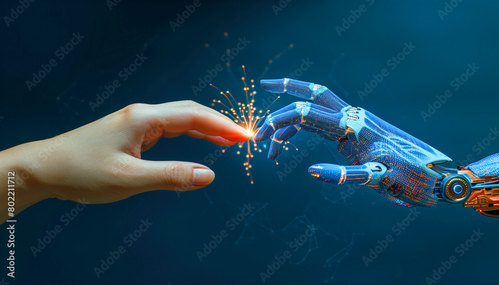 Woman's hand touching a robot's hand. Marriage between technology and ...