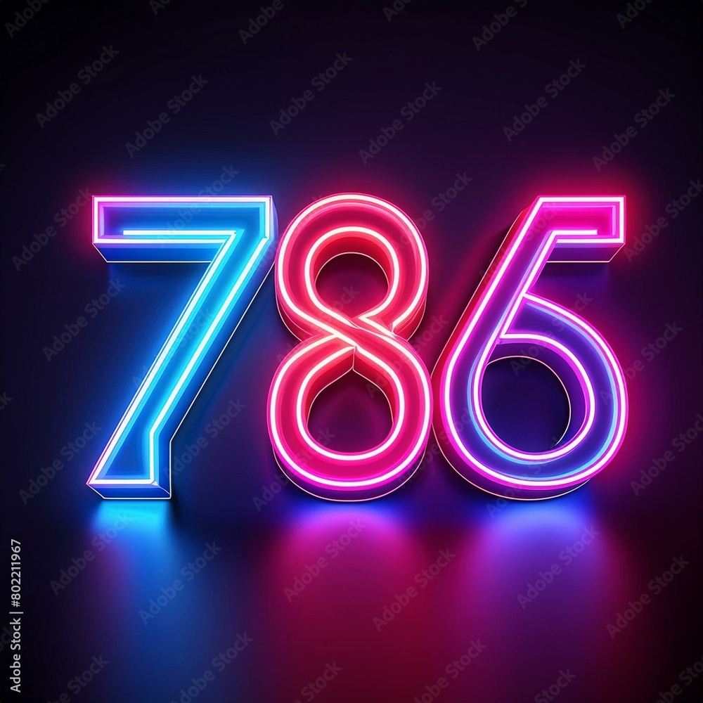 neon glowing sign.the number "786" illuminated by neon lights in shades ...