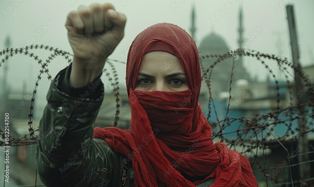 Masked woman holding barbed wire on rooftop, wearing red coat ...
