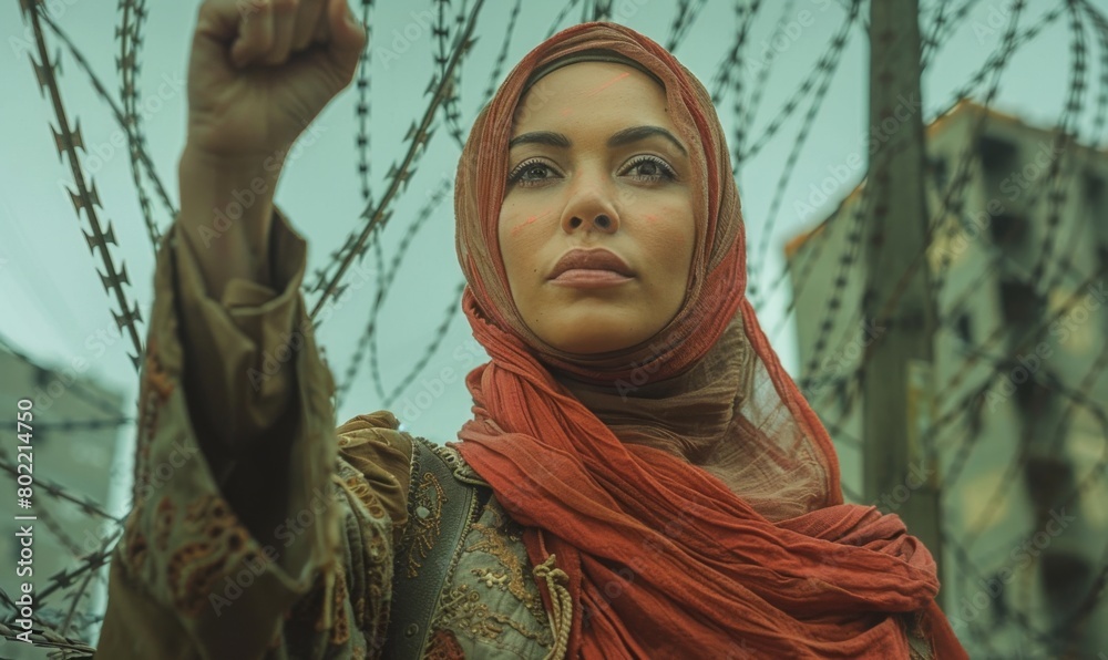 Masked woman holding barbed wire on rooftop, wearing red coat ...