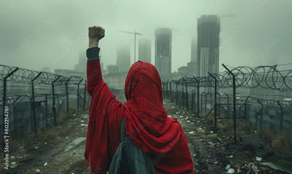 Masked woman holding barbed wire on rooftop, wearing red coat ...