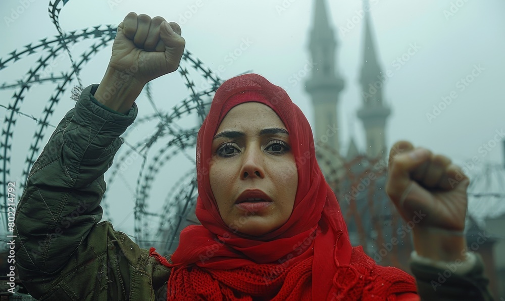 Masked woman holding barbed wire on rooftop, wearing red coat ...