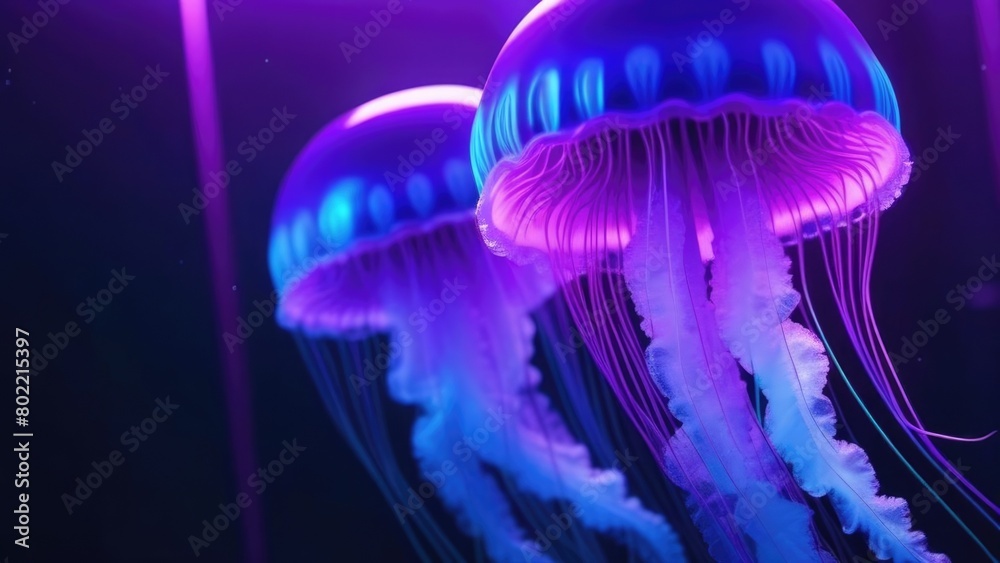 Two jellyfishes close up with neon blue and purple neon colors. The ...